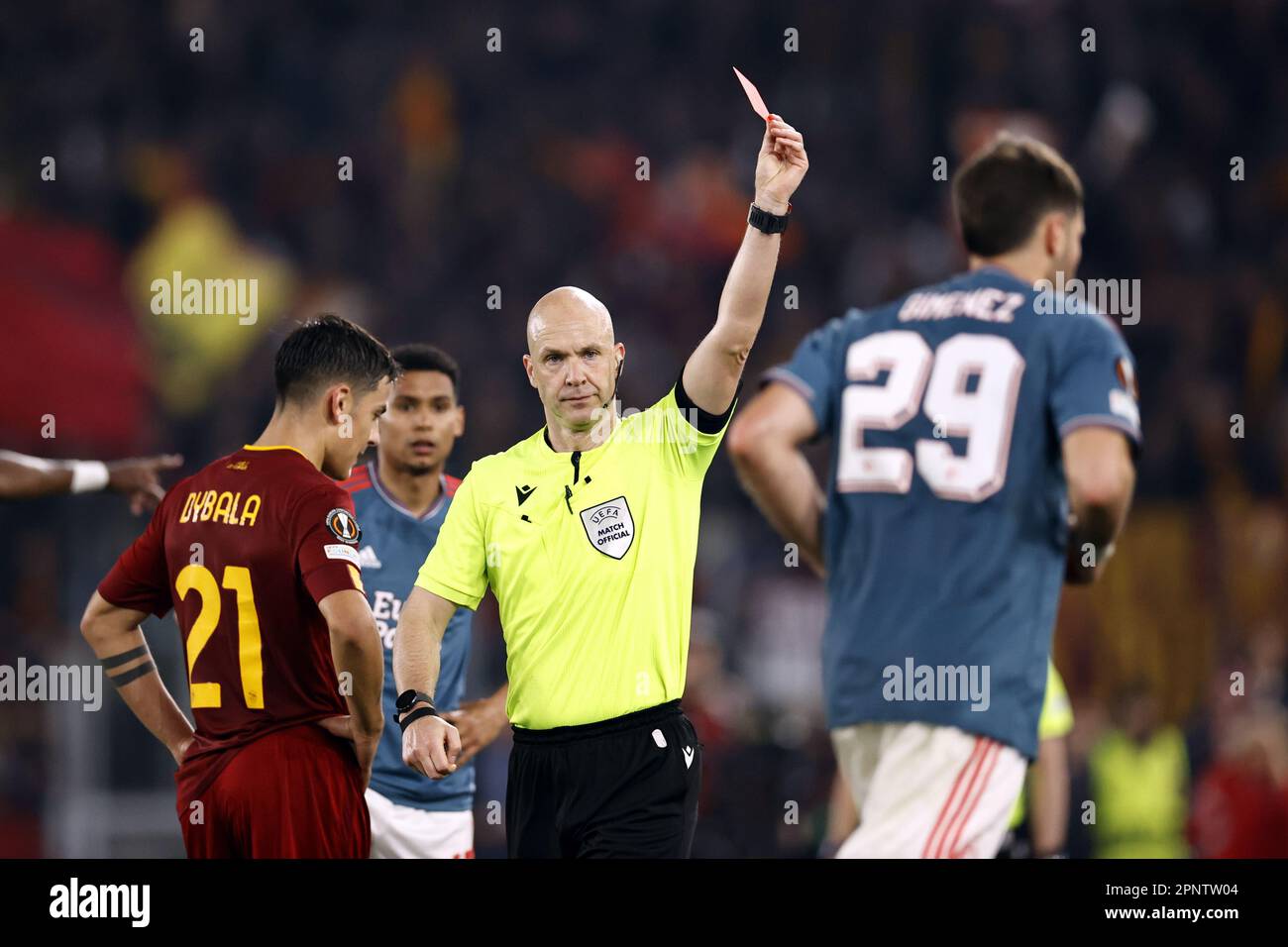 Rome, Italy. April 20, 2023. (lr) referee Anthony Taylor gives the red ...
