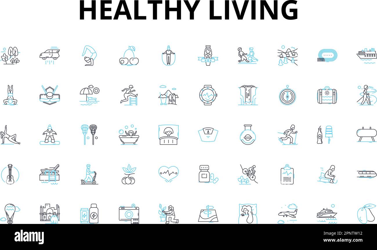 Healthy living linear icons set. Nutrition, Exercise, Meditation ...