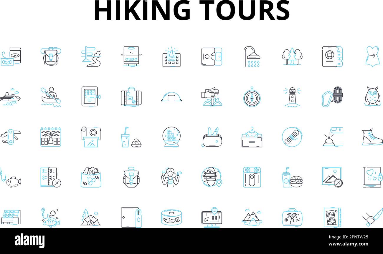 Hiking tours linear icons set. Trekking, Exploration, Adventure ...