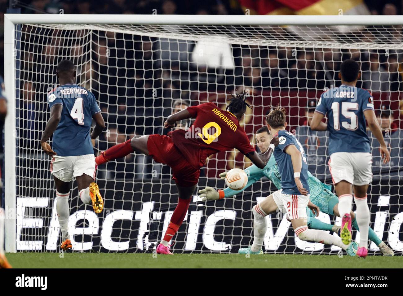 Rome, Italy. April 20, 2023. (lr) Lutsharel Geertruida of Feyenoord, Tammy Abraham of AS Roma ...