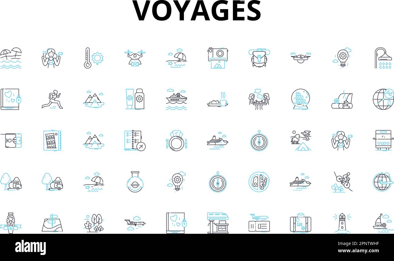 Voyages linear icons set. Adventure, Exploration, Discover, Escape ...