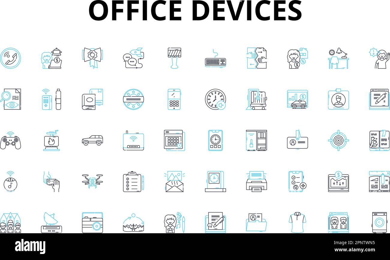 Office devices linear icons set. Printer, Scanner, Copier, Fax, Mouse ...