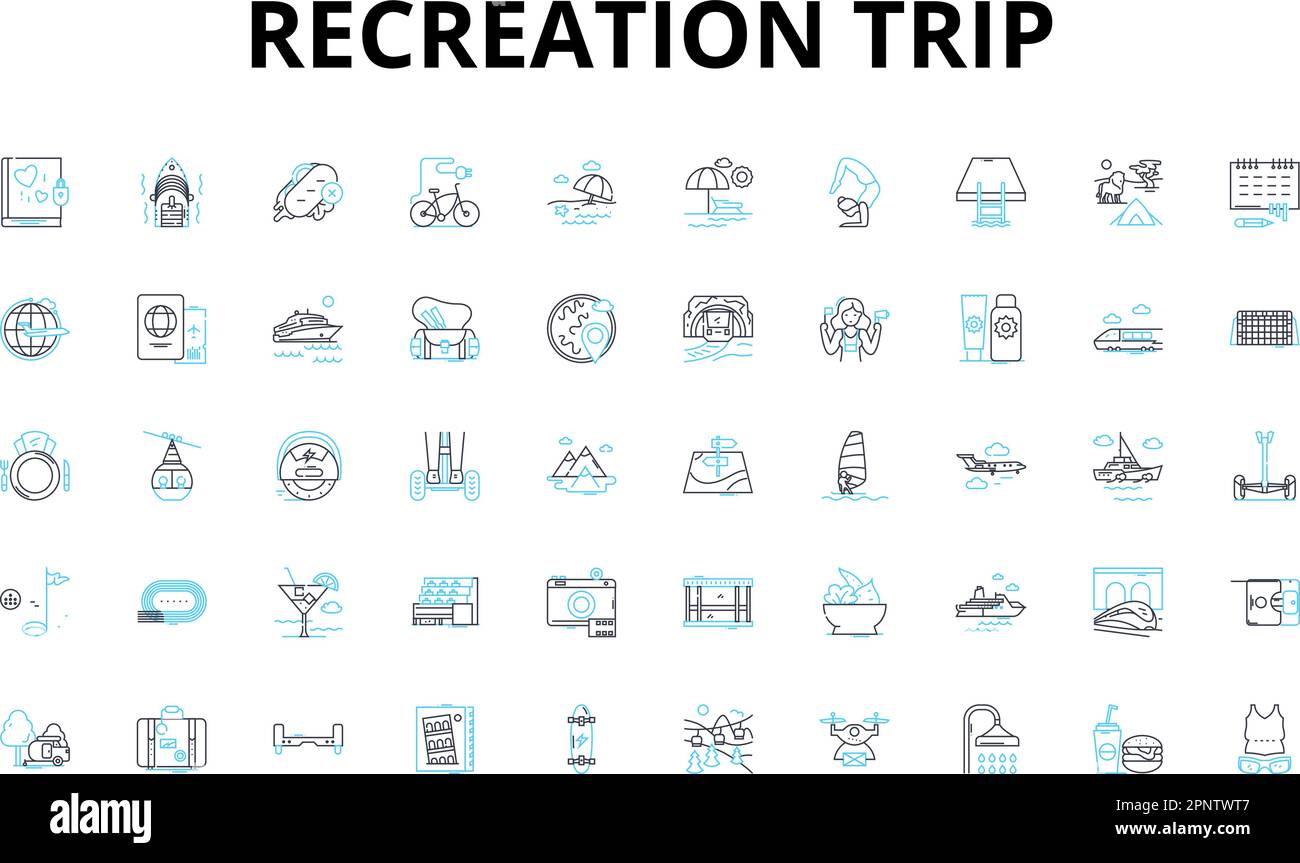 Recreation trip linear icons set. Adventure, Scenic, Relaxing, Exciting ...