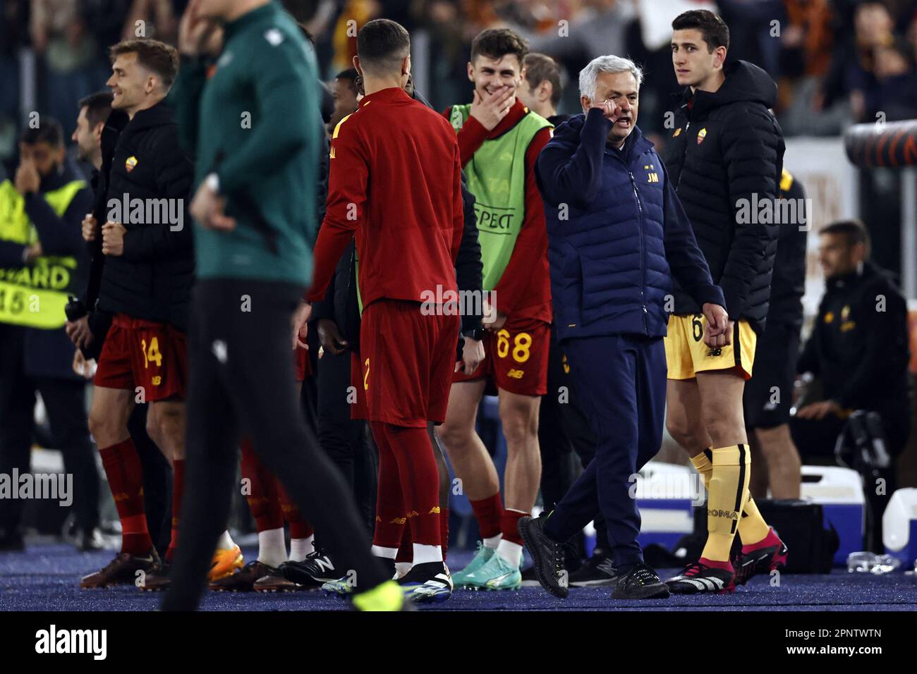Rome, Italy. April 20, 2023. AS Roma coach Jose Mourinho celebrates ...