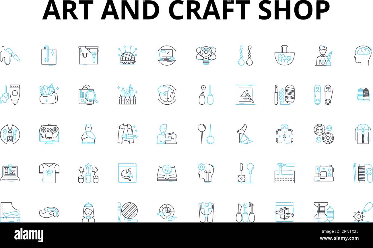 Art and craft shop linear icons set. Paint, Canvas, Sculpture, Clay ...