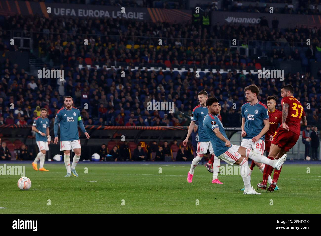Rome, Italy. 20th Apr, 2023. Leonardo Spinazzola, right, of AS Roma ...