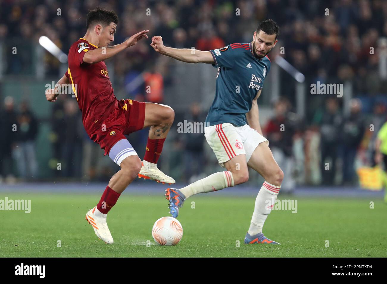 Paulo Dybala of Roma, David Hancko of Feyenoord in action during the ...