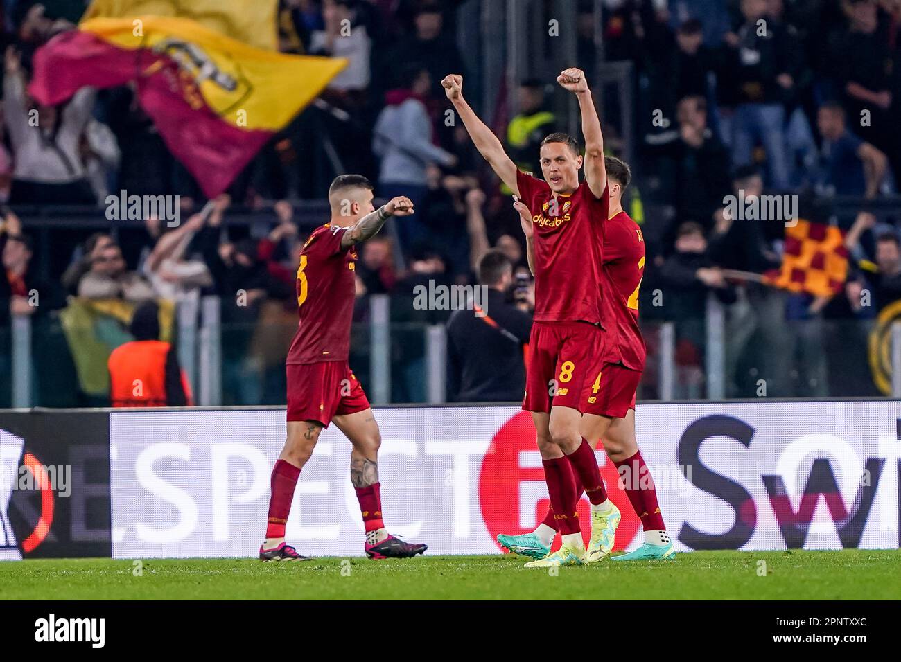 Rome, Italy. 20th April, 2023. Nemanja Matic of AS Roma celebrate the ...