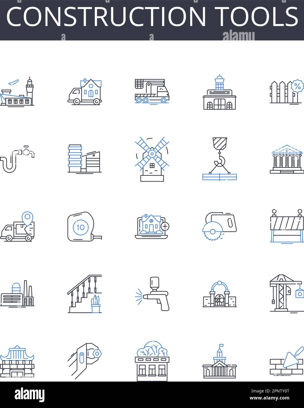 Construction tools line icons collection. Bulldozer, Excavator, Crane ...