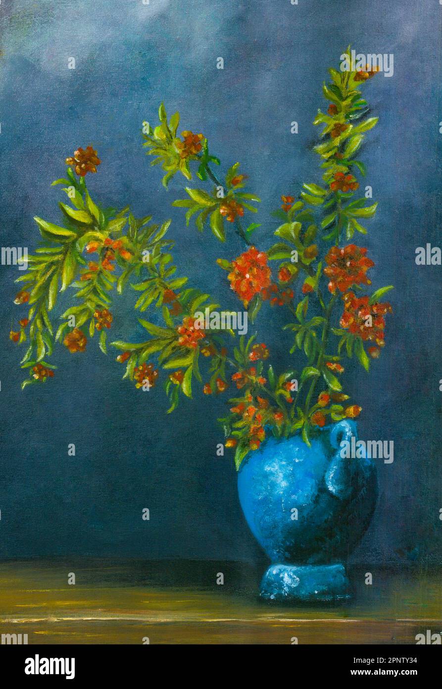 Oil painting of roses in blue blue ceramic vase Stock Photo - Alamy