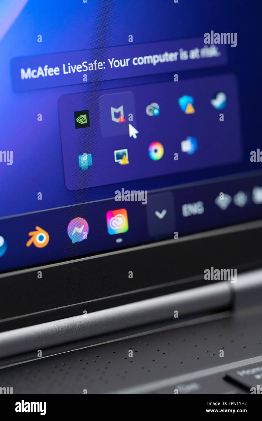 New york, USA - April 20, 2023: Computer McAfee antivirus notification ...