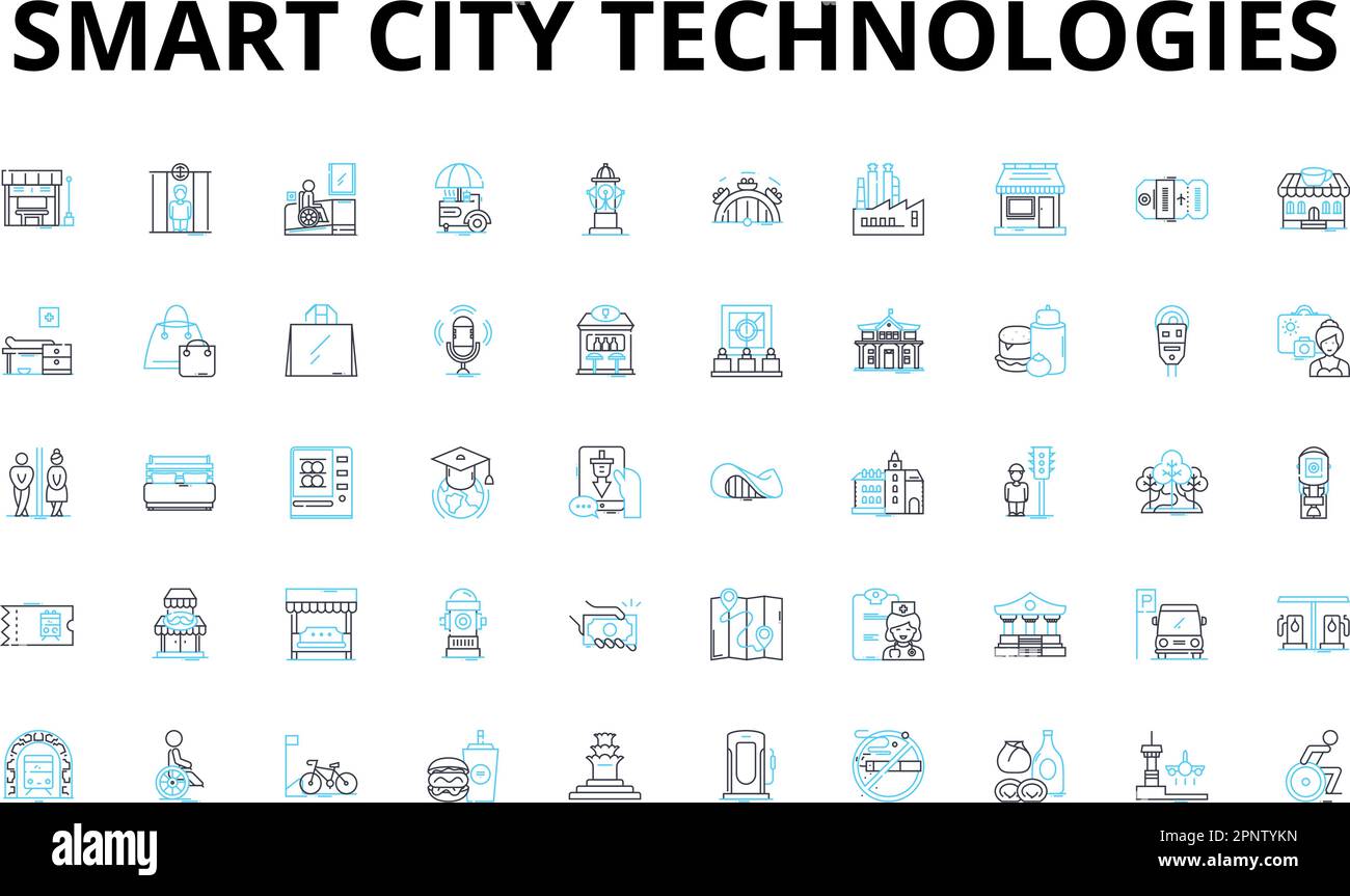 Smart city technologies linear icons set. IoT, Sustainability ...