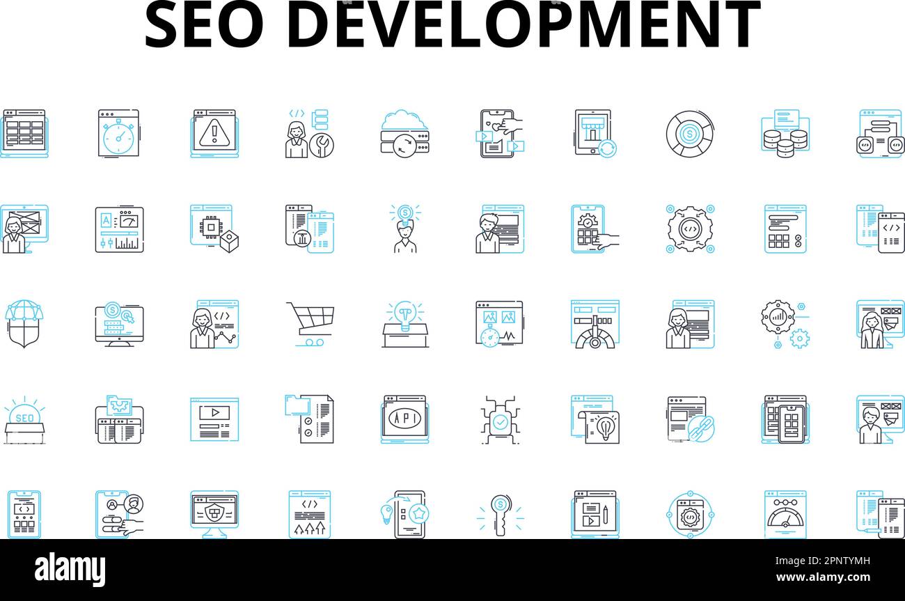 seo development linear icons set. Optimization, Ranking, Analysis, Strategy, Content, Keywords ...