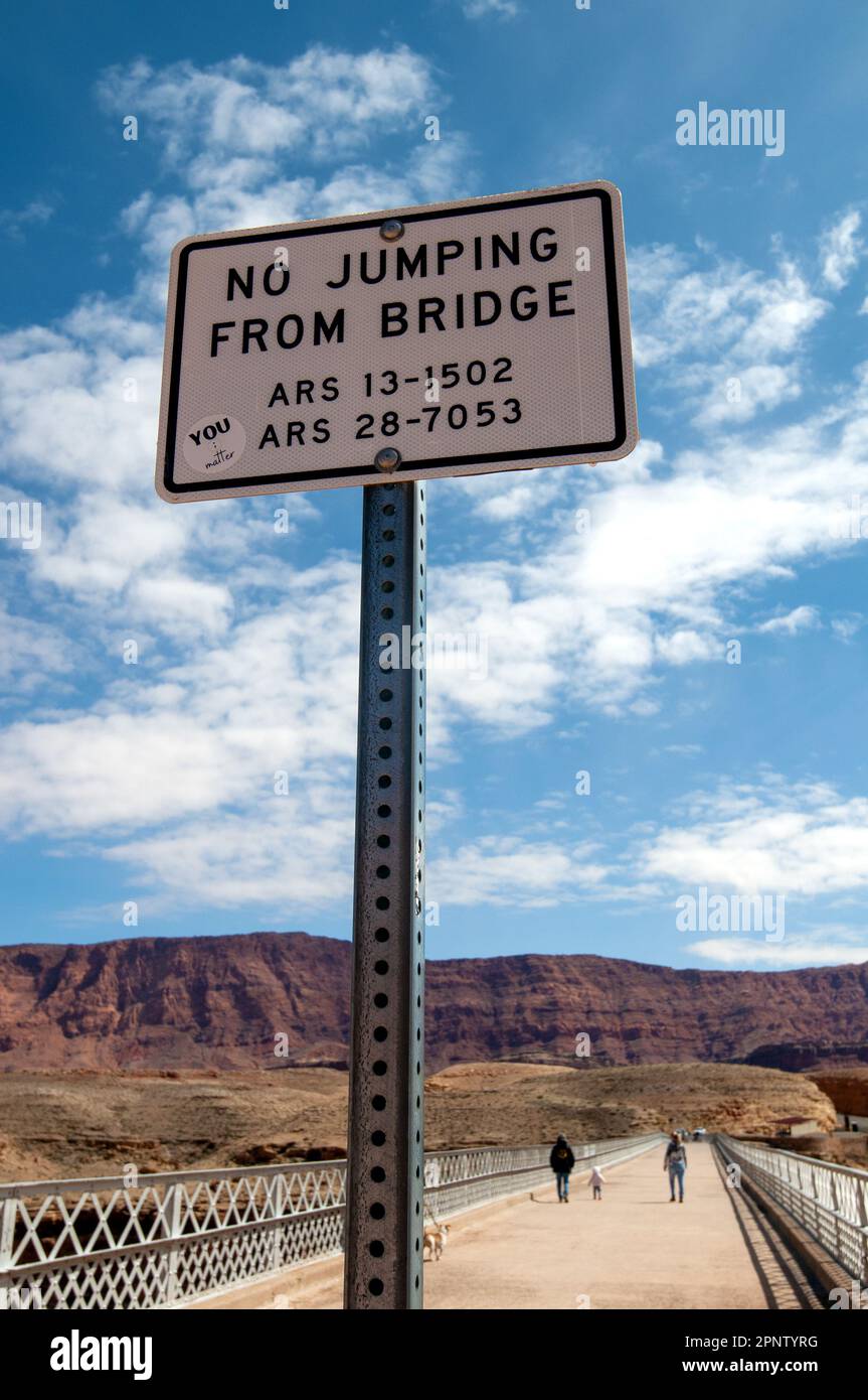 Several warning signs on the Navajo Bridge in northern Arizona Stock ...