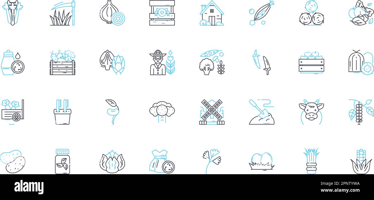 Sustainable ranch linear icons set. Grazing, Pasture, Conservation, Wildlife, Restoration ...