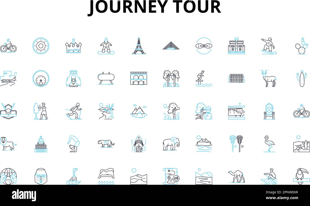 Journey tour linear icons set. Trek, Adventure, Expedition, Excursion ...