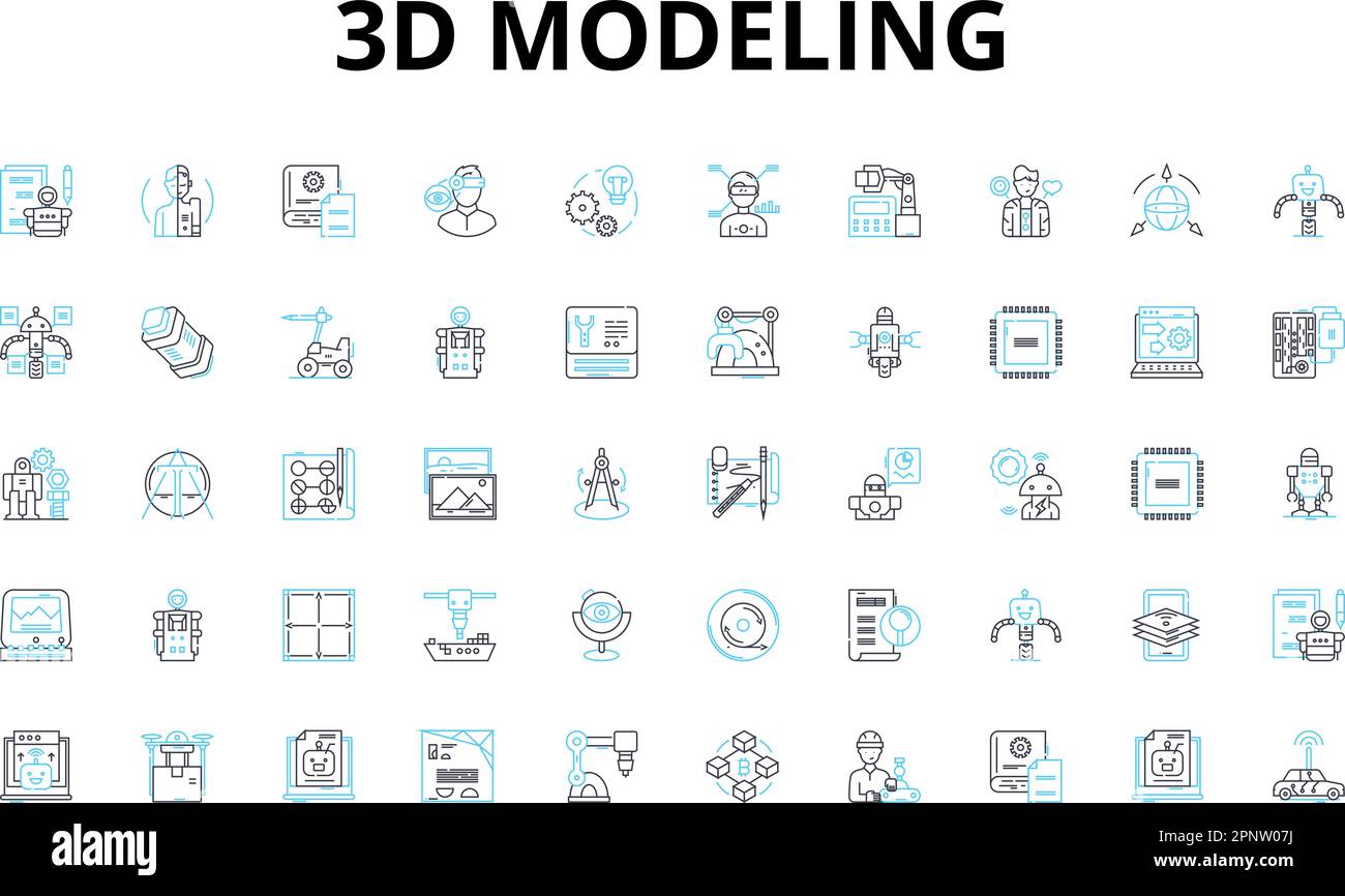 3d modeling linear icons set. Rendering, Animation, CAD, Sculpting ...