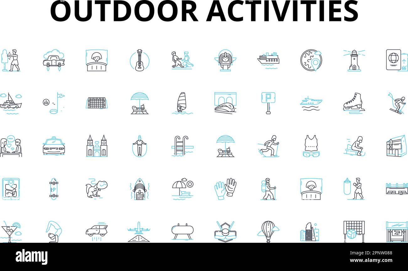 Outdoor activities linear icons set. Hiking, Camping, Fishing, Hunting ...