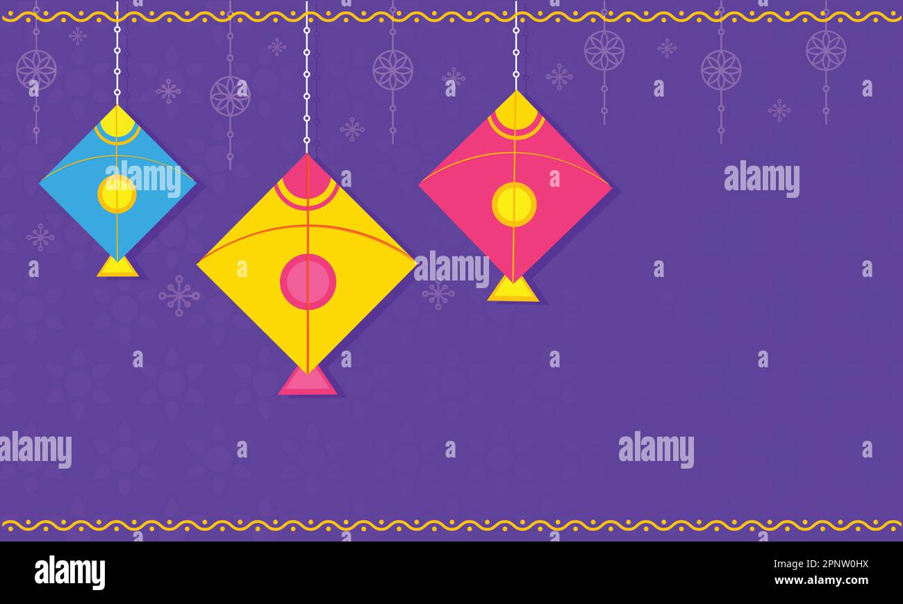 Hanging Colorful Kites With Line Art Floral Oriental Decorated On ...