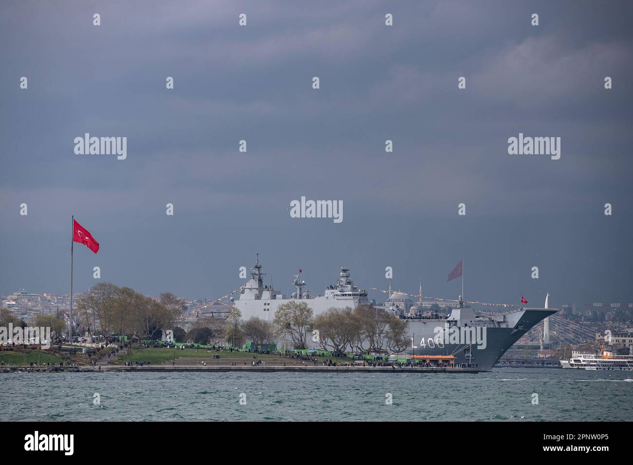 TCG Anadolu seen Sarayburnu Port. World's first armed unmanned aerial vehicle (SIHA) ship and ...