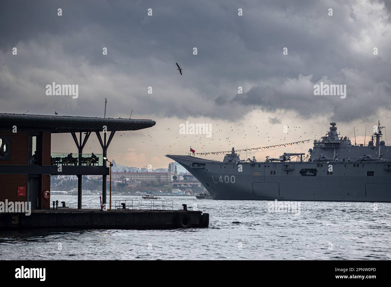 When the sky was cloudy, TCG Anadolu, anchored in Karakoy City Lines ...