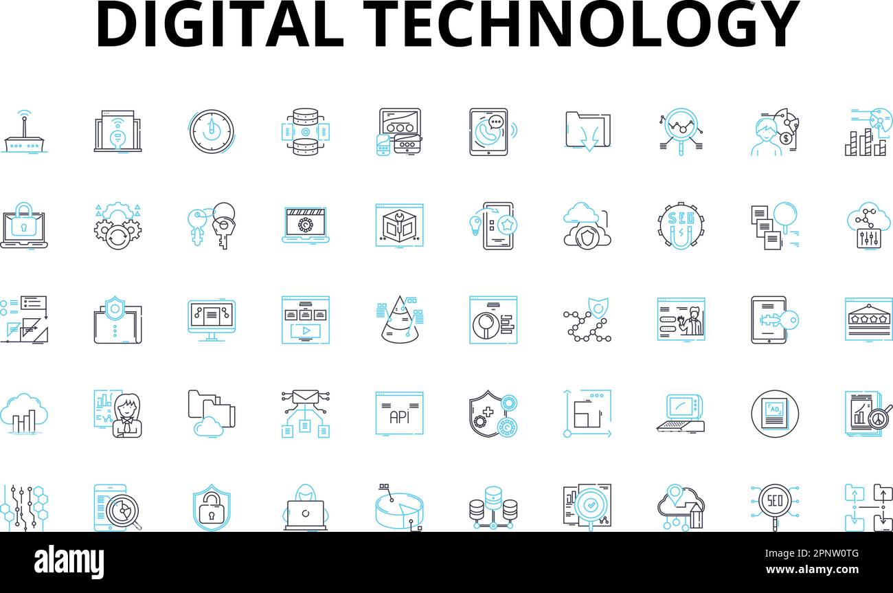 Digital technology linear icons set. Internet, Social Media, Cloud, Big ...
