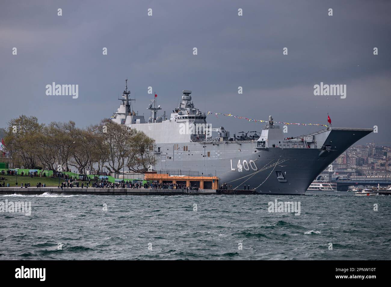 Istanbul, Turkey. 20th Apr, 2023. TCG Anadolu, anchored at Sarayburnu Port, hosts visitors. Long ...