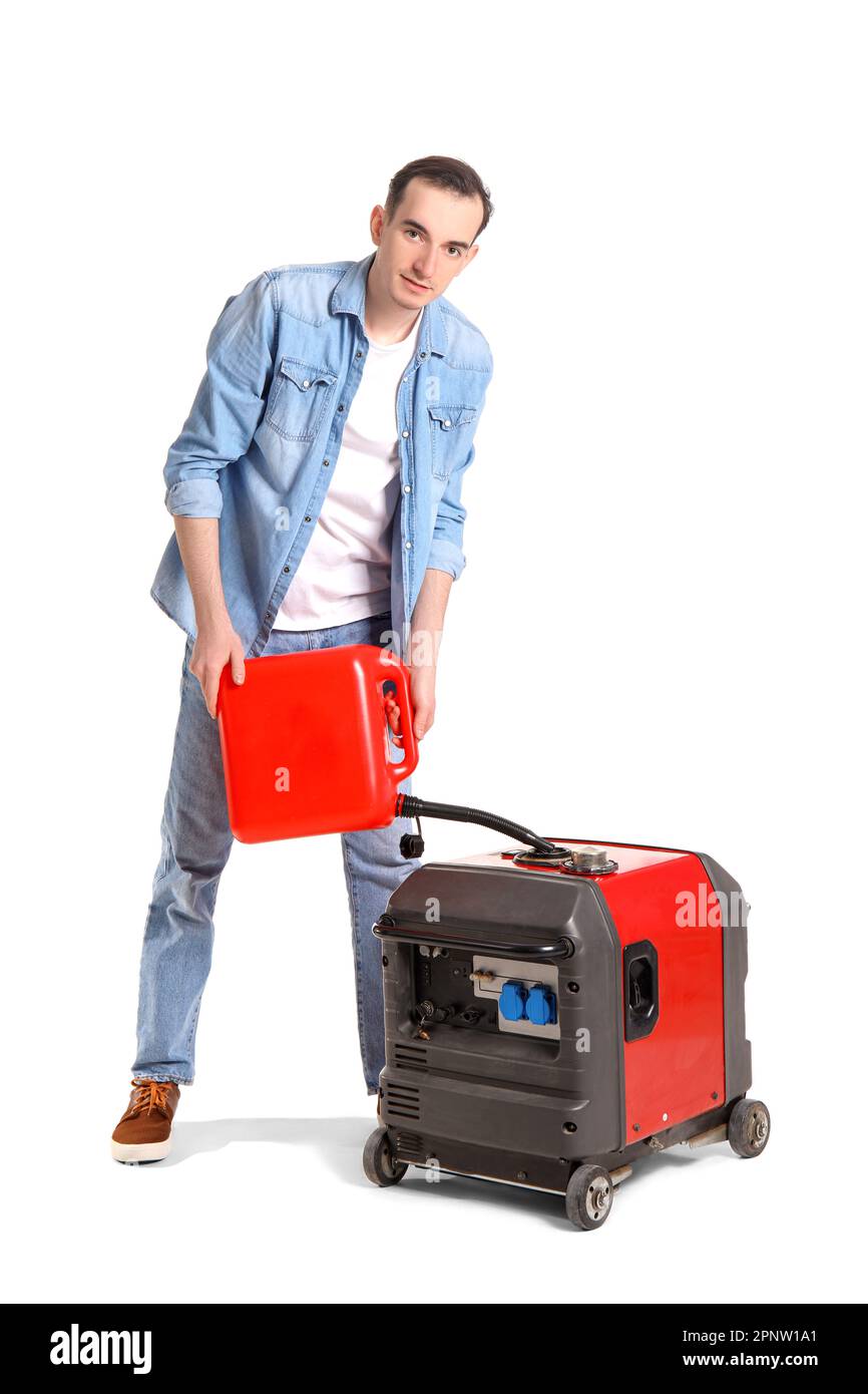 Young man with canister and portable gasoline generator on white ...