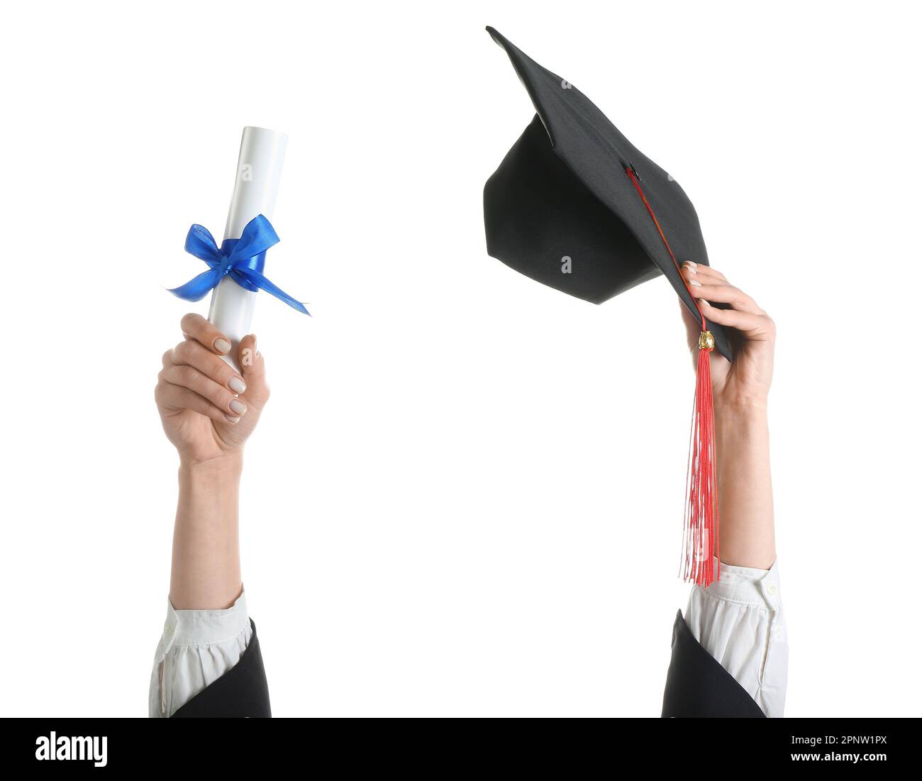 Woman with graduation hat and diploma on white background Stock Photo ...