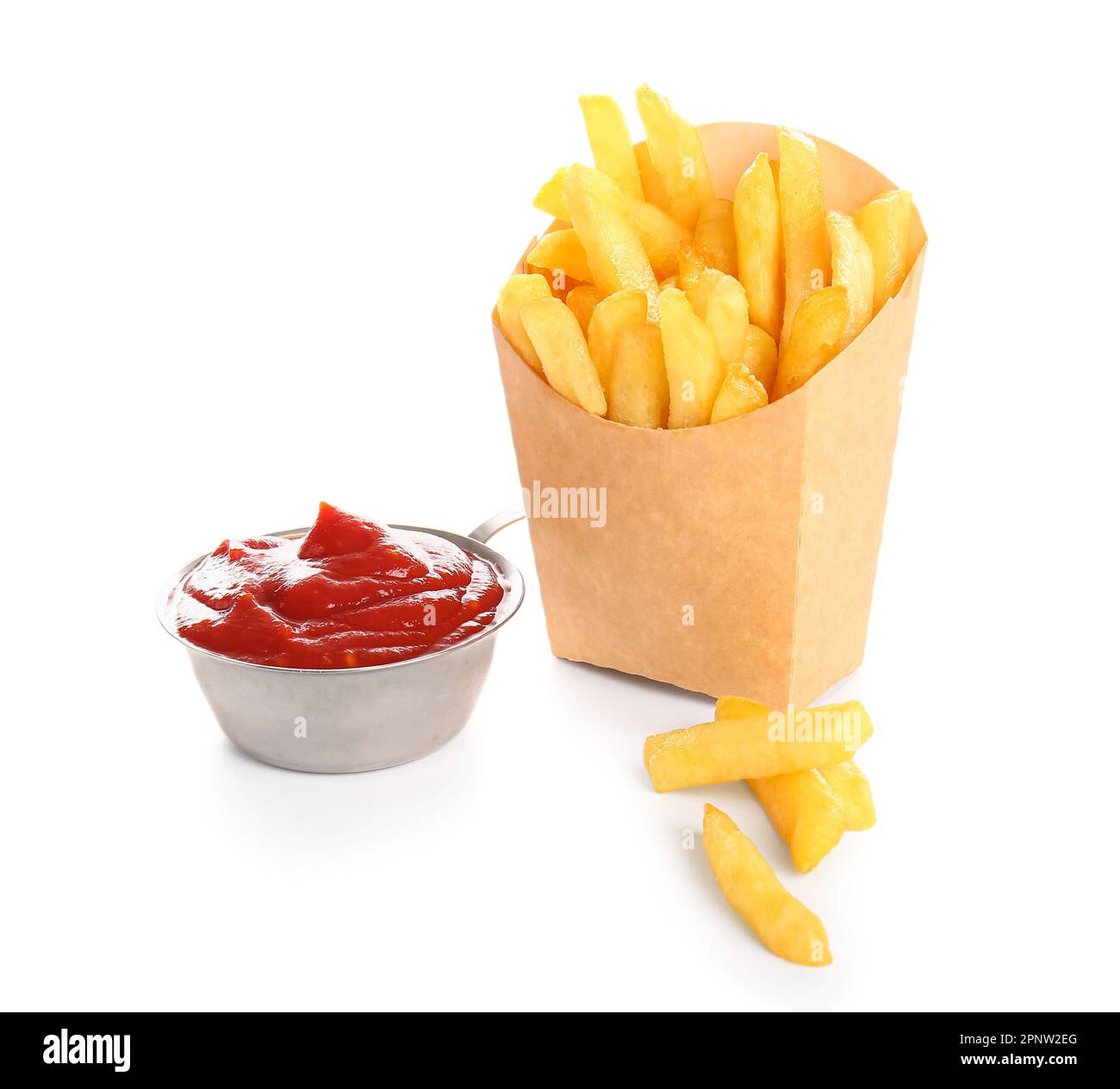 Paper box with tasty french fries and ketchup isolated on white ...