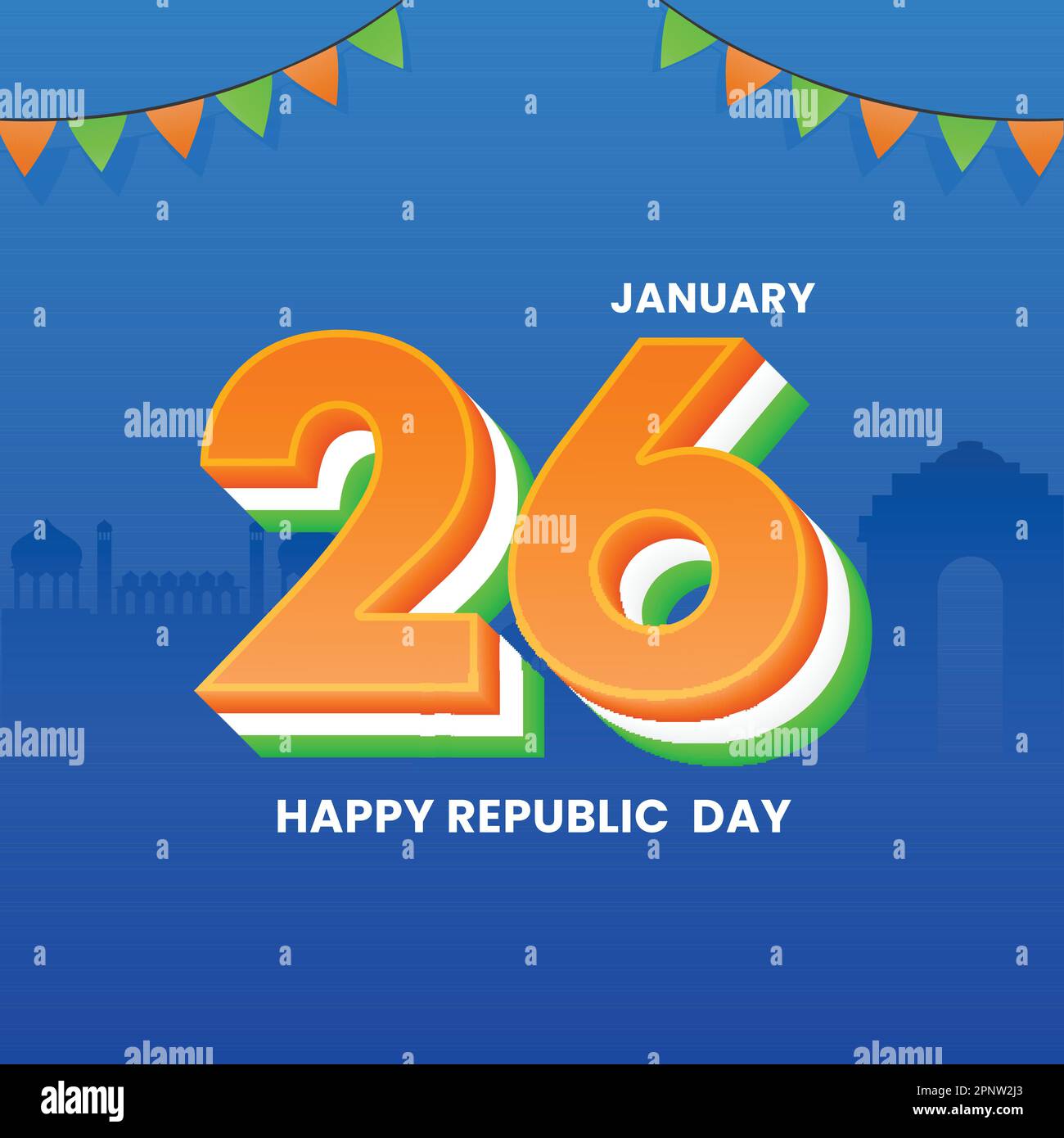 3D Tricolour 26 Number Of January And Bunting Flags Decorated On Blue ...