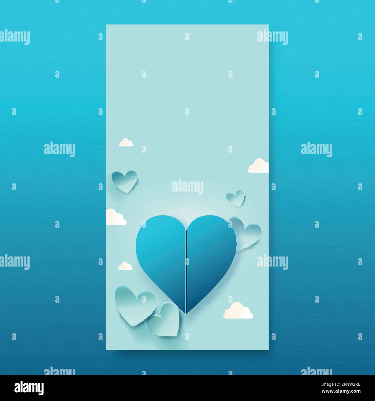 Pastel Blue Paper Heart Shapes And Clouds Decorated Background With ...