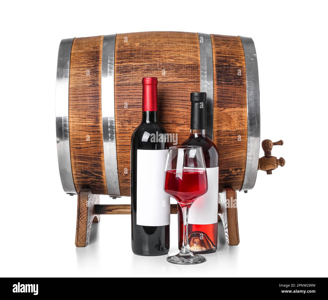 Wooden barrel with bottles and glass of wine on white background Stock ...