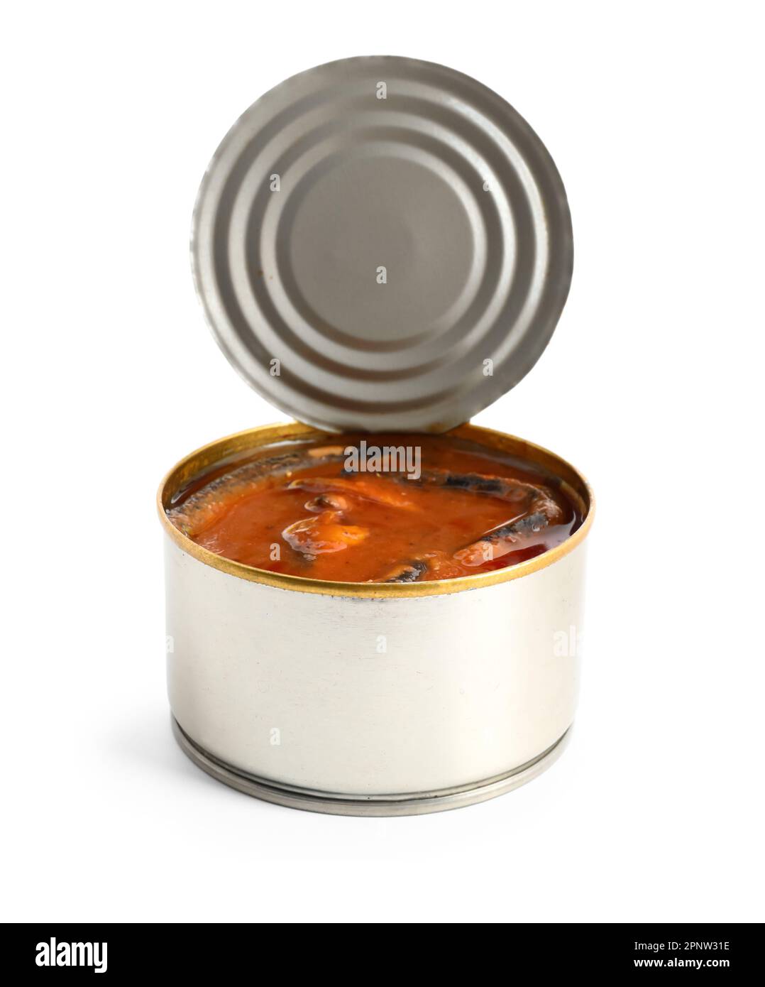 Opened tin can with fish in tomato sauce isolated on white background ...