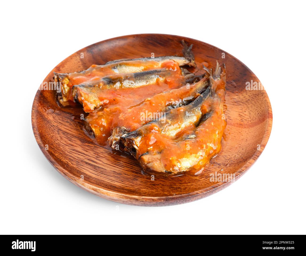 Wooden plate with canned fish in tomato sauce isolated on white ...
