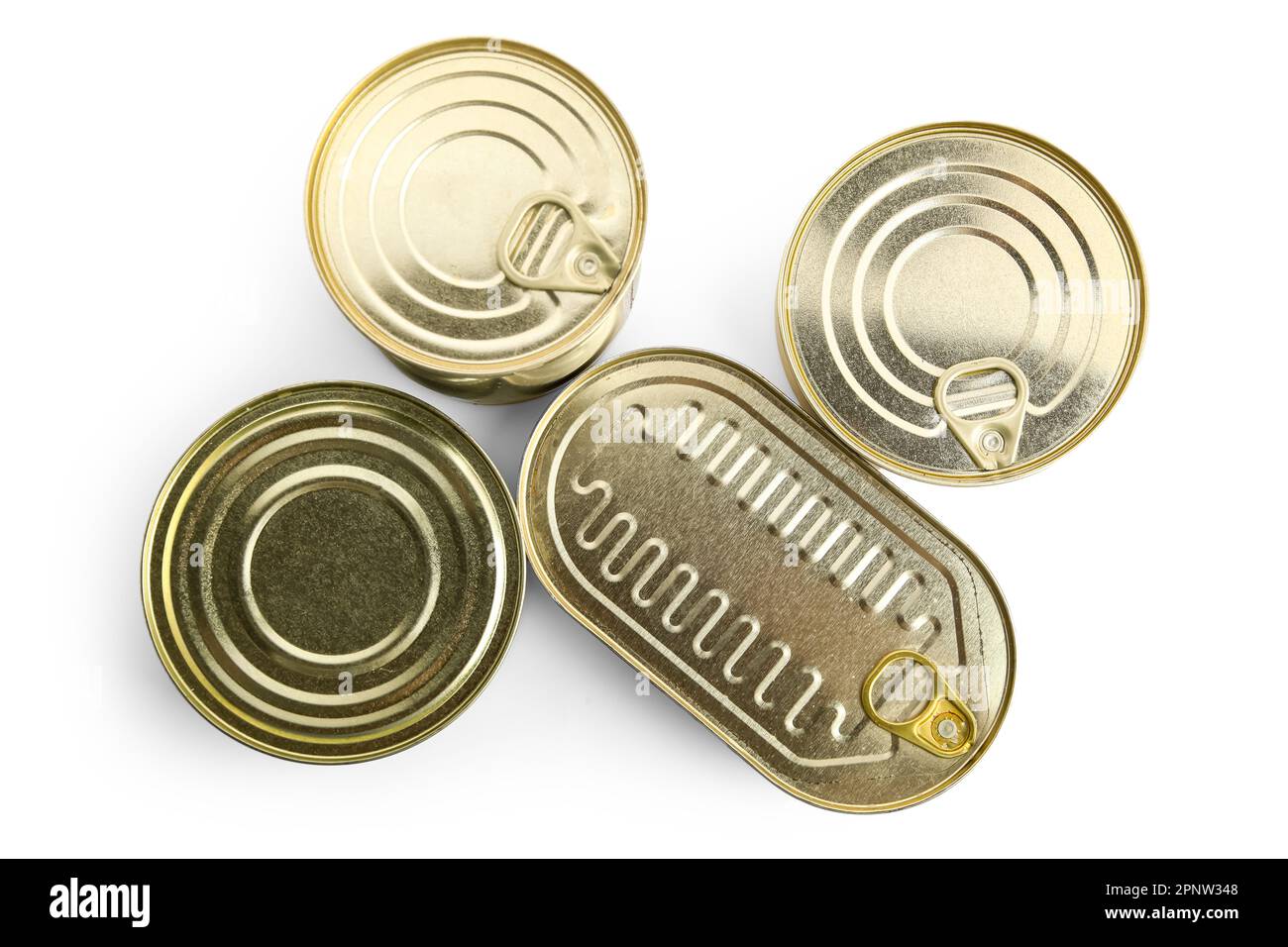 Tin cans with fish isolated on white background Stock Photo - Alamy