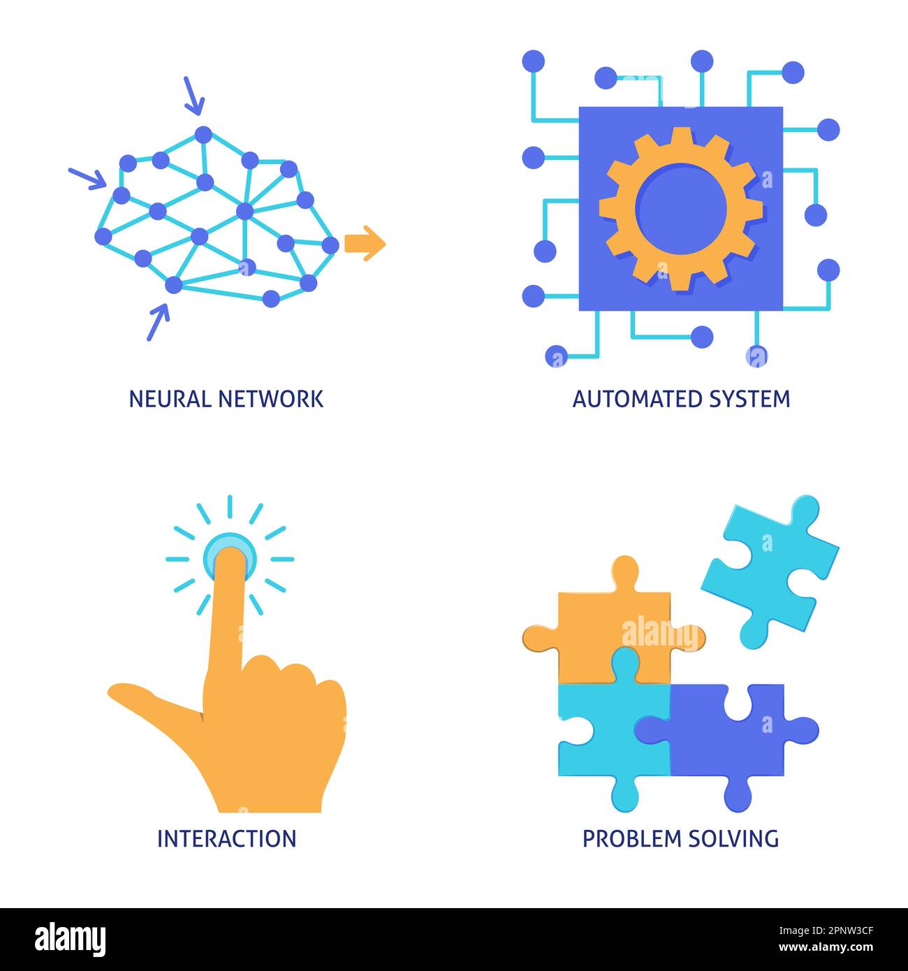 Neural network and automated systems flat icon set. Vector illustration ...
