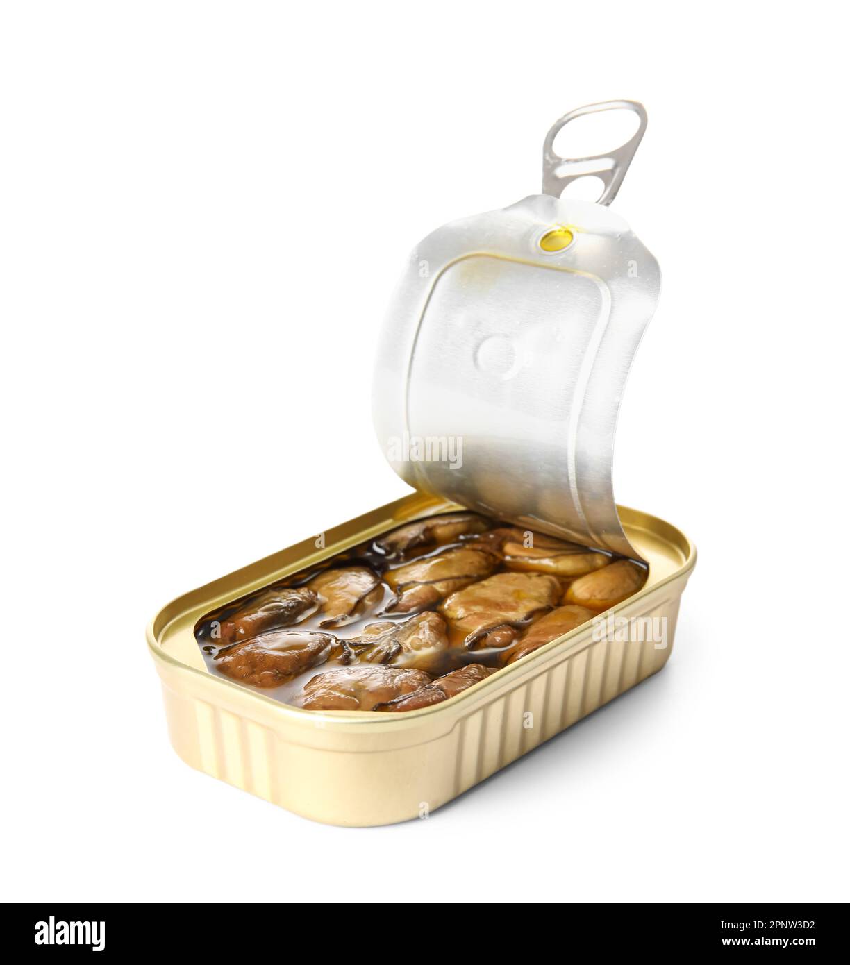 Opened tin can with mussels isolated on white background Stock Photo ...