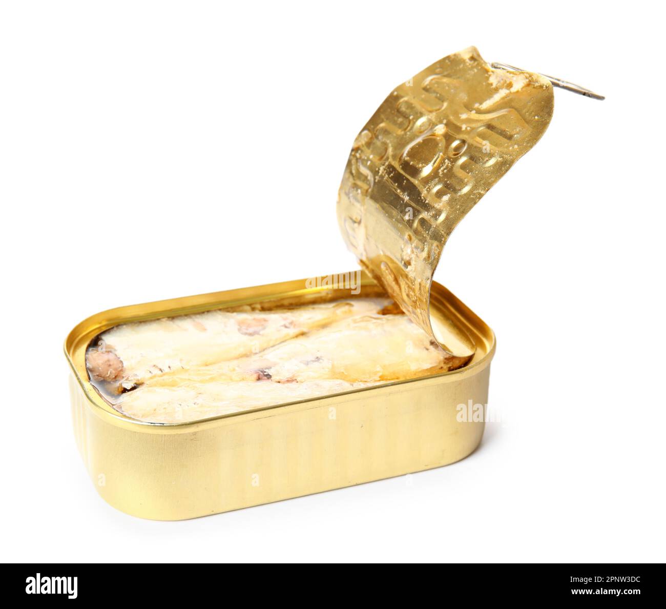 Opened tin can with fish isolated on white background Stock Photo - Alamy