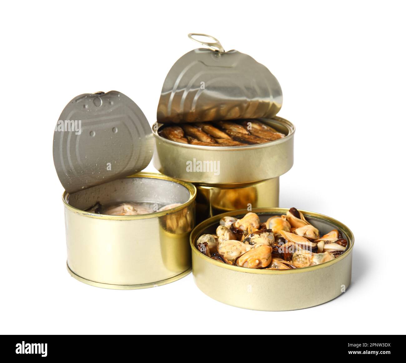 Opened tin cans with different fish and mussels isolated on white ...