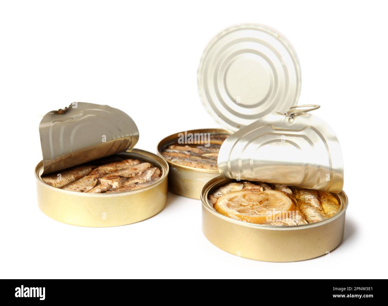 Opened tin cans with fish isolated on white background Stock Photo - Alamy