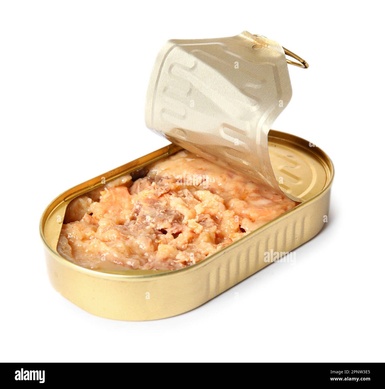 Opened tin can with fish isolated on white background Stock Photo - Alamy