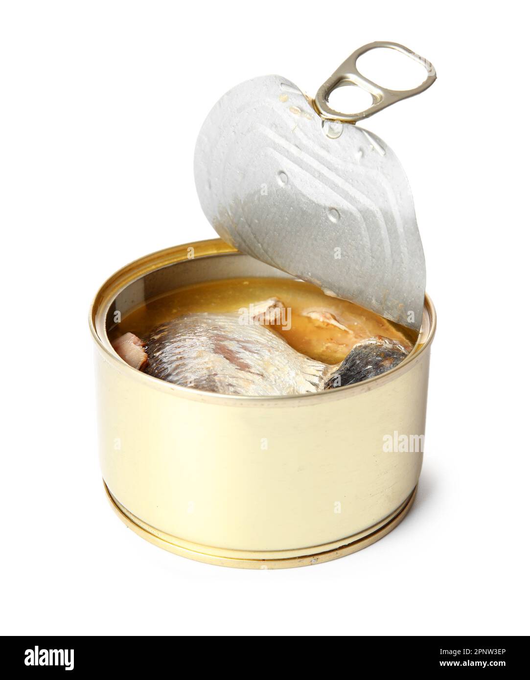 Opened tin can with fish isolated on white background Stock Photo - Alamy