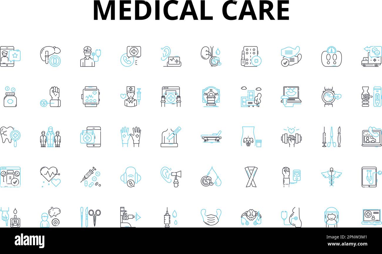 Medical care linear icons set. Diagnosis, Treatment, Prescription ...