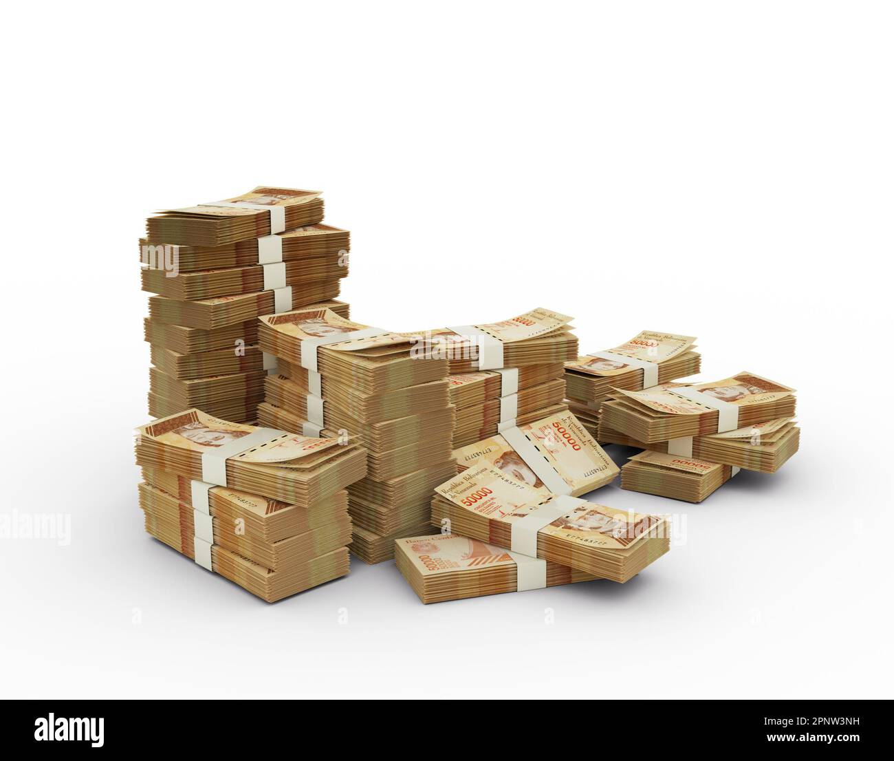 Stack of Venezuelan bolivar notes. 3d rendering of bundles of money ...