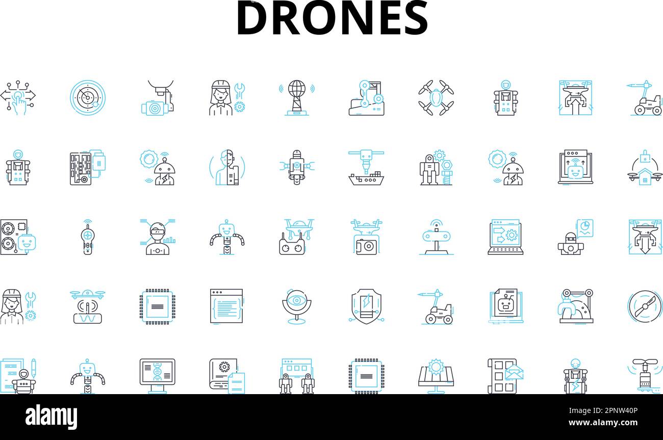 Drones linear icons set. Flying, Quadcopters, Remote-controlled, Unmanned, Hovering, Aerial ...