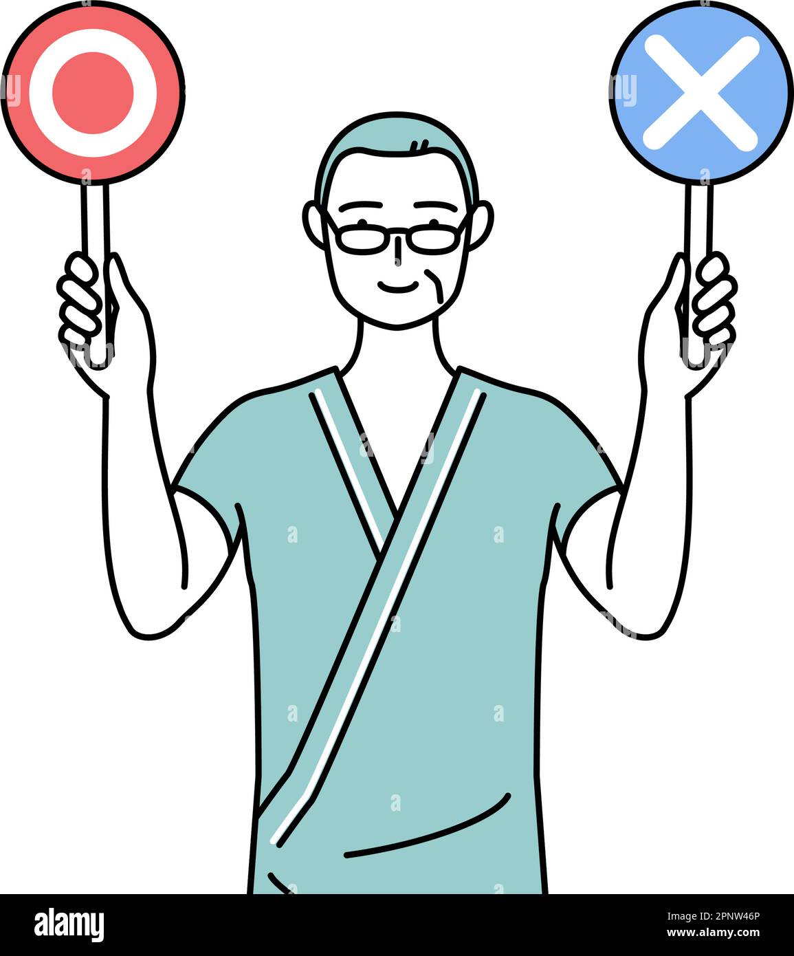 Middle-aged and senior male admitted patient in hospital gown holding a ...