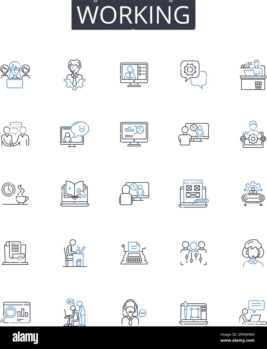 Working line icons collection. Laboring, Engaged, Employed, Occupied, Operating, Serving ...