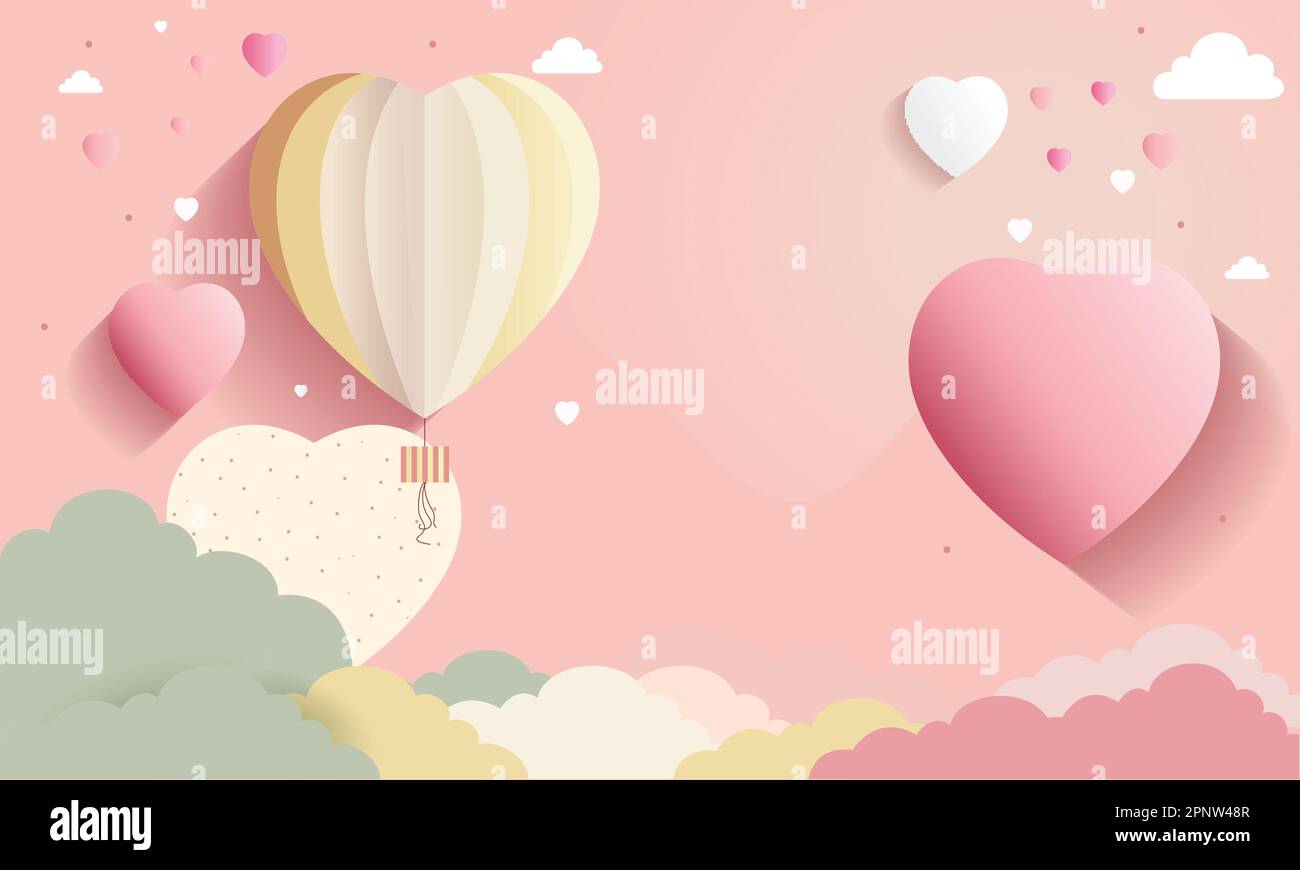 3D Render of Soft Color Paper Heart Shapes With Clouds. Love Or ...