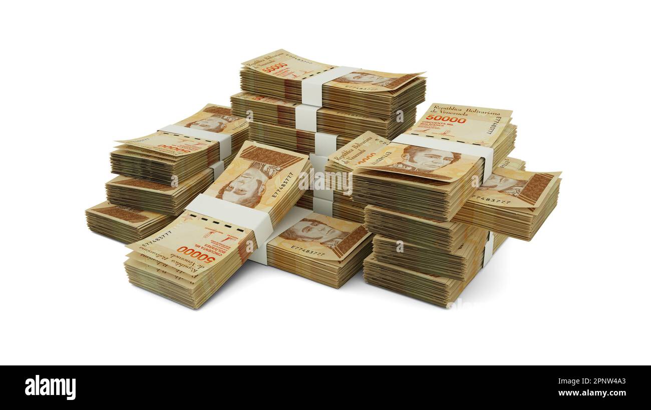 Stack of Venezuelan bolivar notes. 3D rendering of bundles of banknotes ...